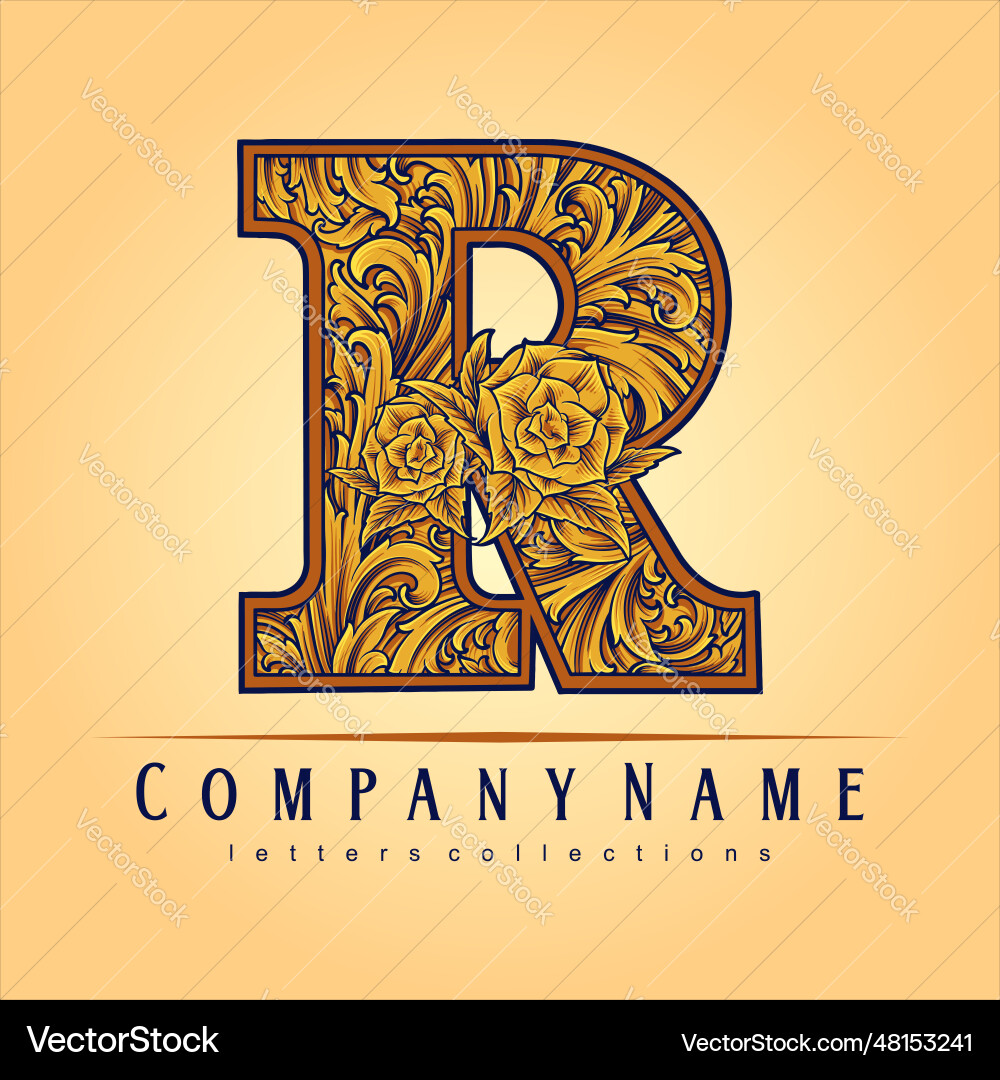 Botanical monogram letter r engraving with flowers