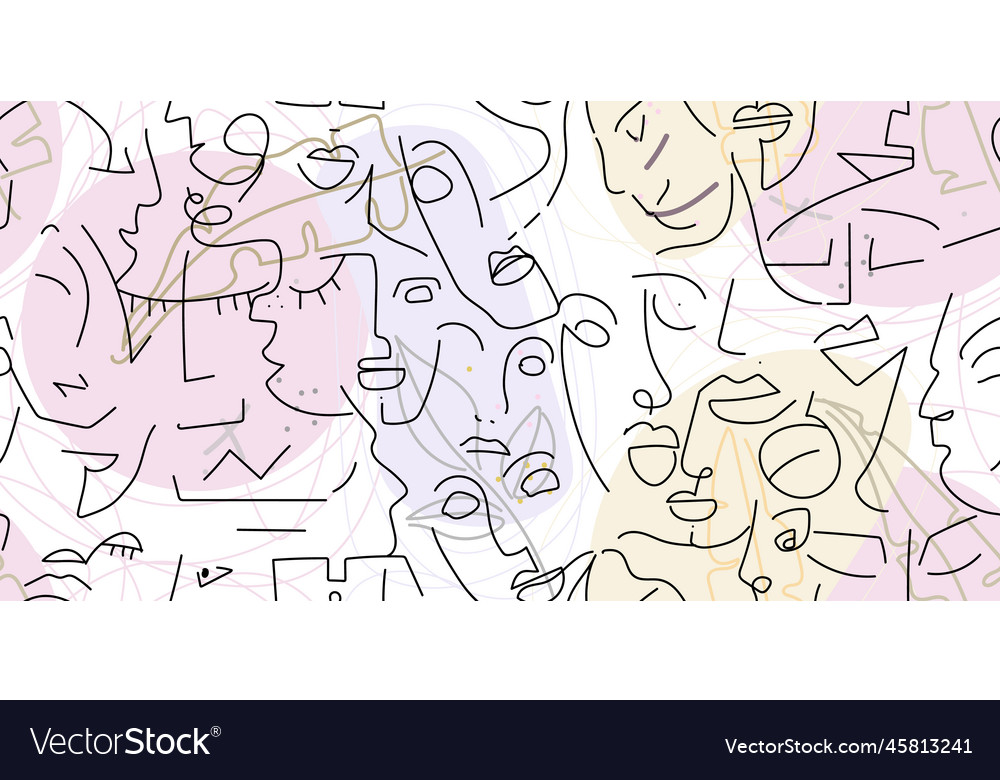 One Line Drawing Abstract Face Seamless Pattern Vector Image