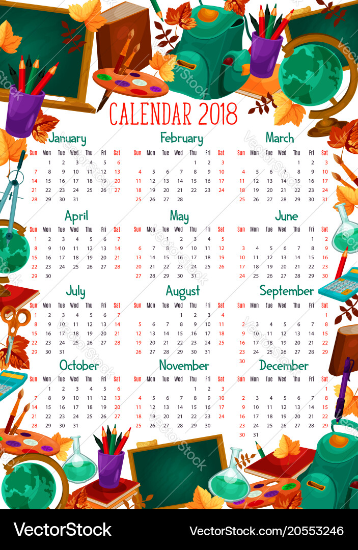 Back to school education calendar 2018 Royalty Free Vector