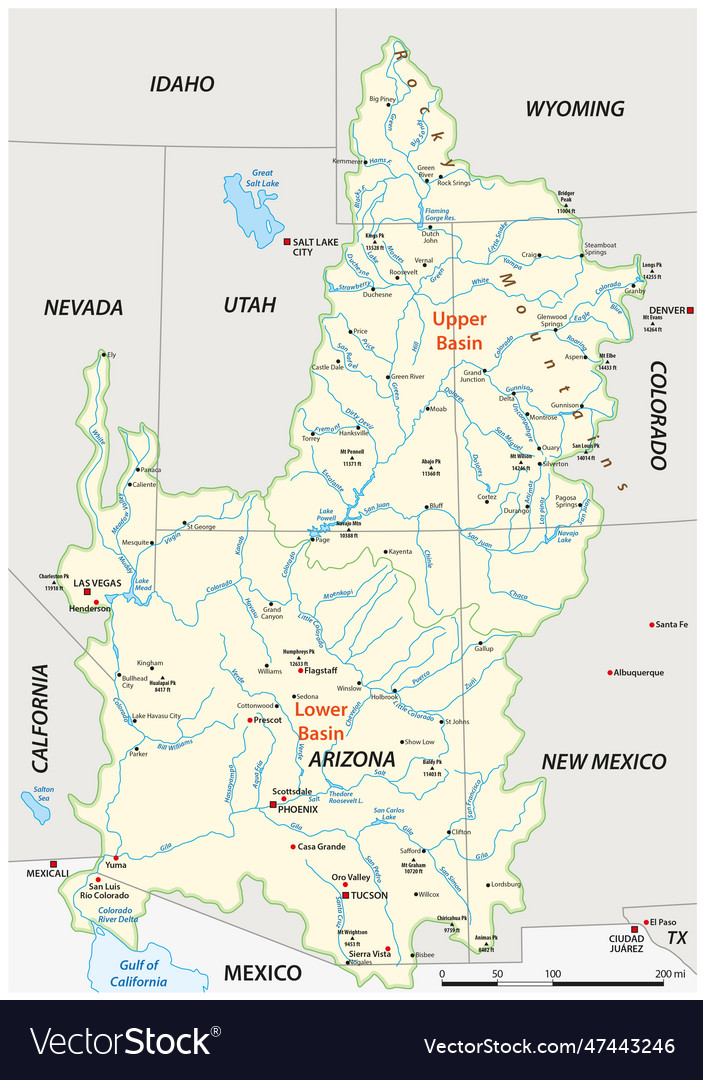 Colorado river drainage basin map usa Royalty Free Vector