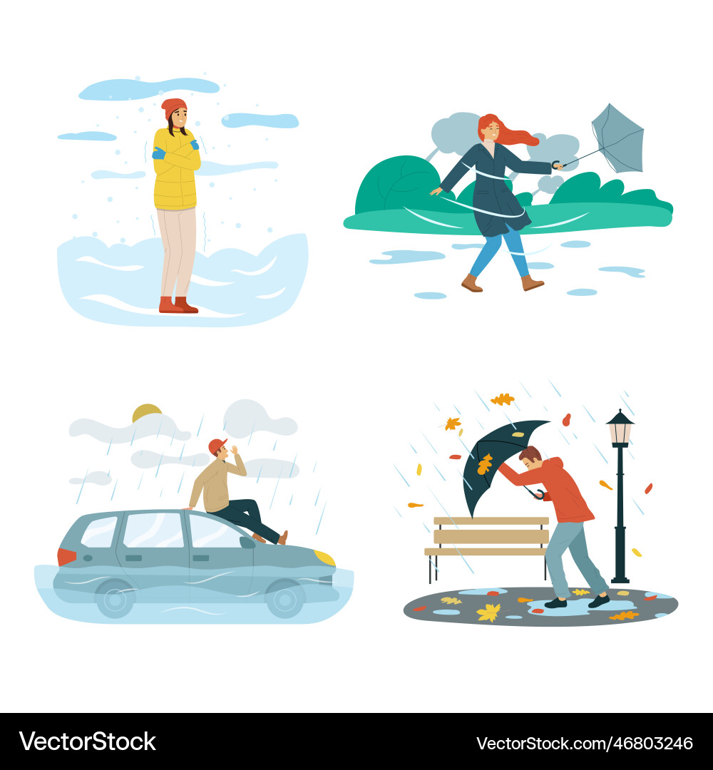 Four bad weather people flat icon set Royalty Free Vector