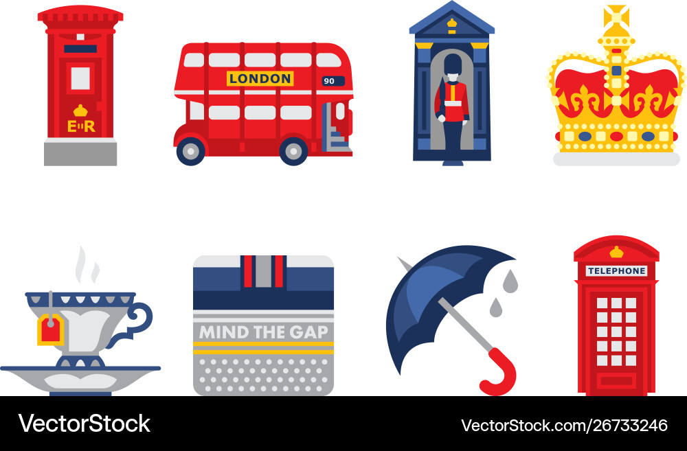 London symbols set england elements red bus tea Vector Image