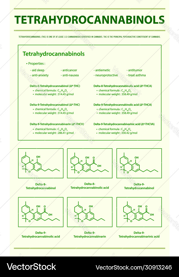 Tetrahydrocannabinol thc with structural formulas Vector Image