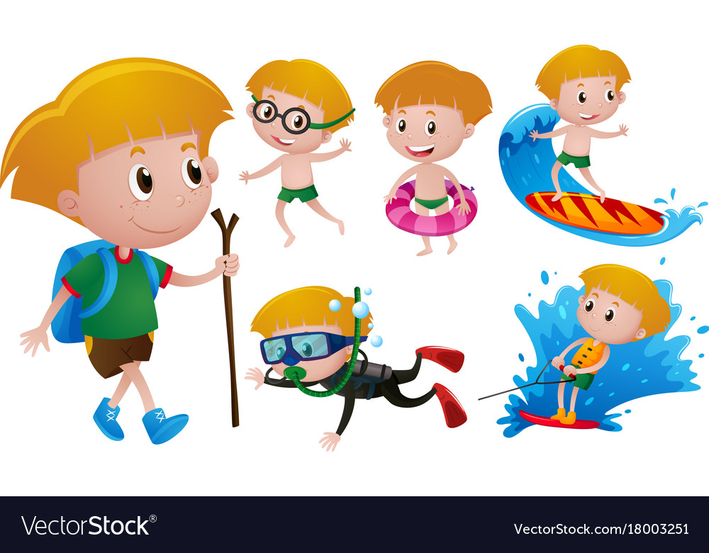 Boy doing different activities Royalty Free Vector Image