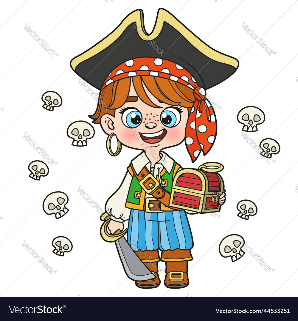 Cute cartoon pirate boy with saber and chest Vector Image