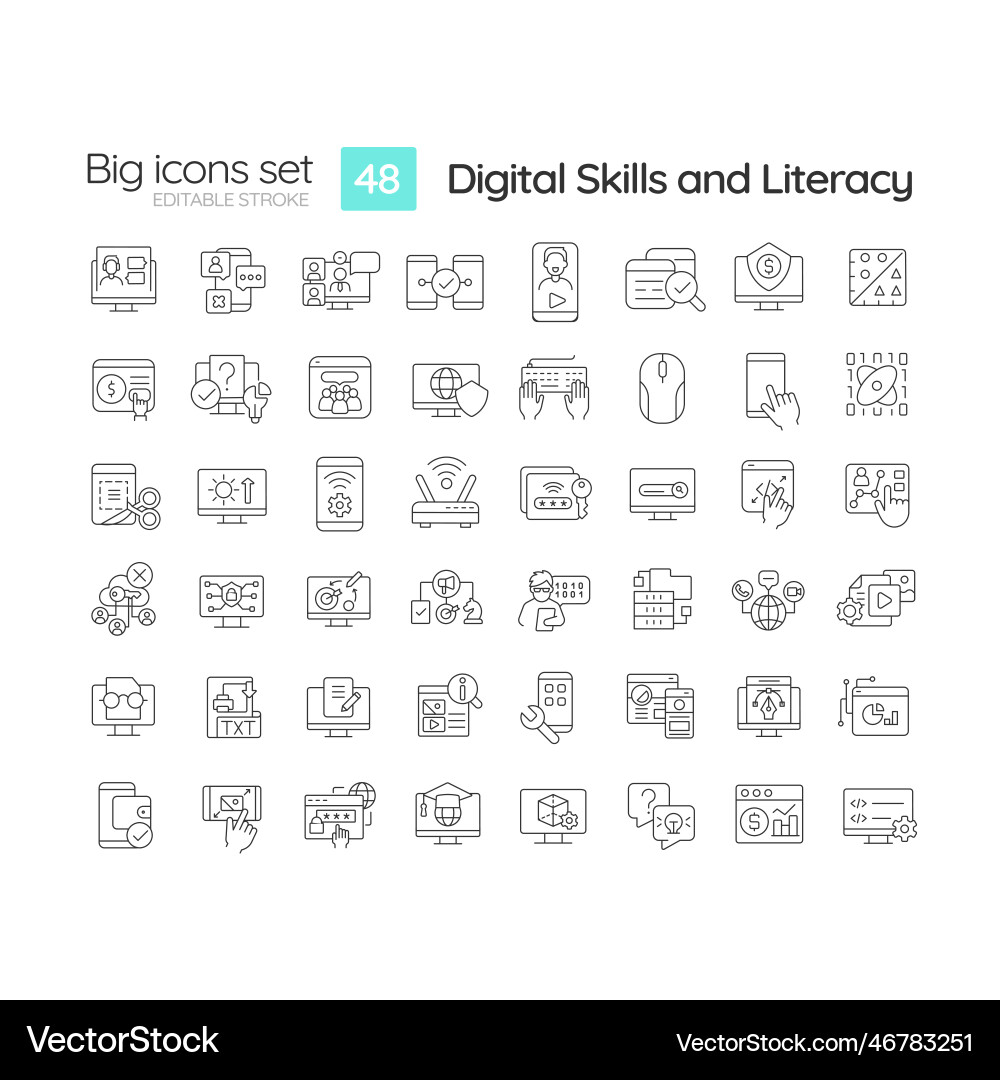Digital skills and literacy linear icons set Vector Image
