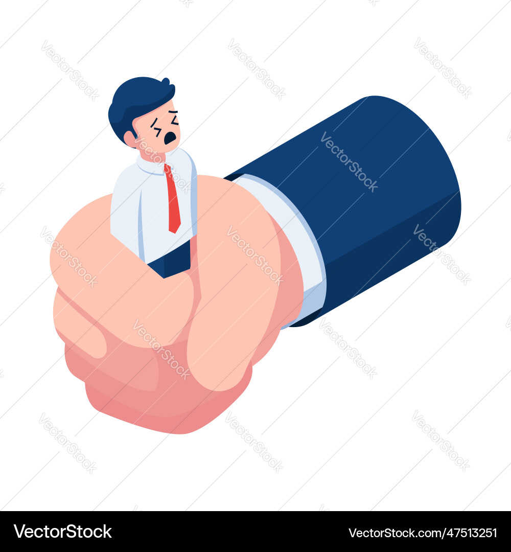 Isometric businessman being squeezed by giant hand