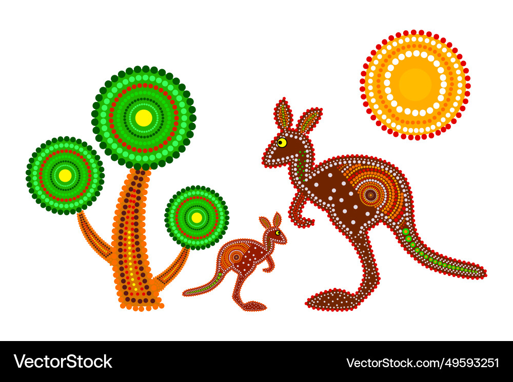 Two kangaroos tree and sun in ethnic style Vector Image