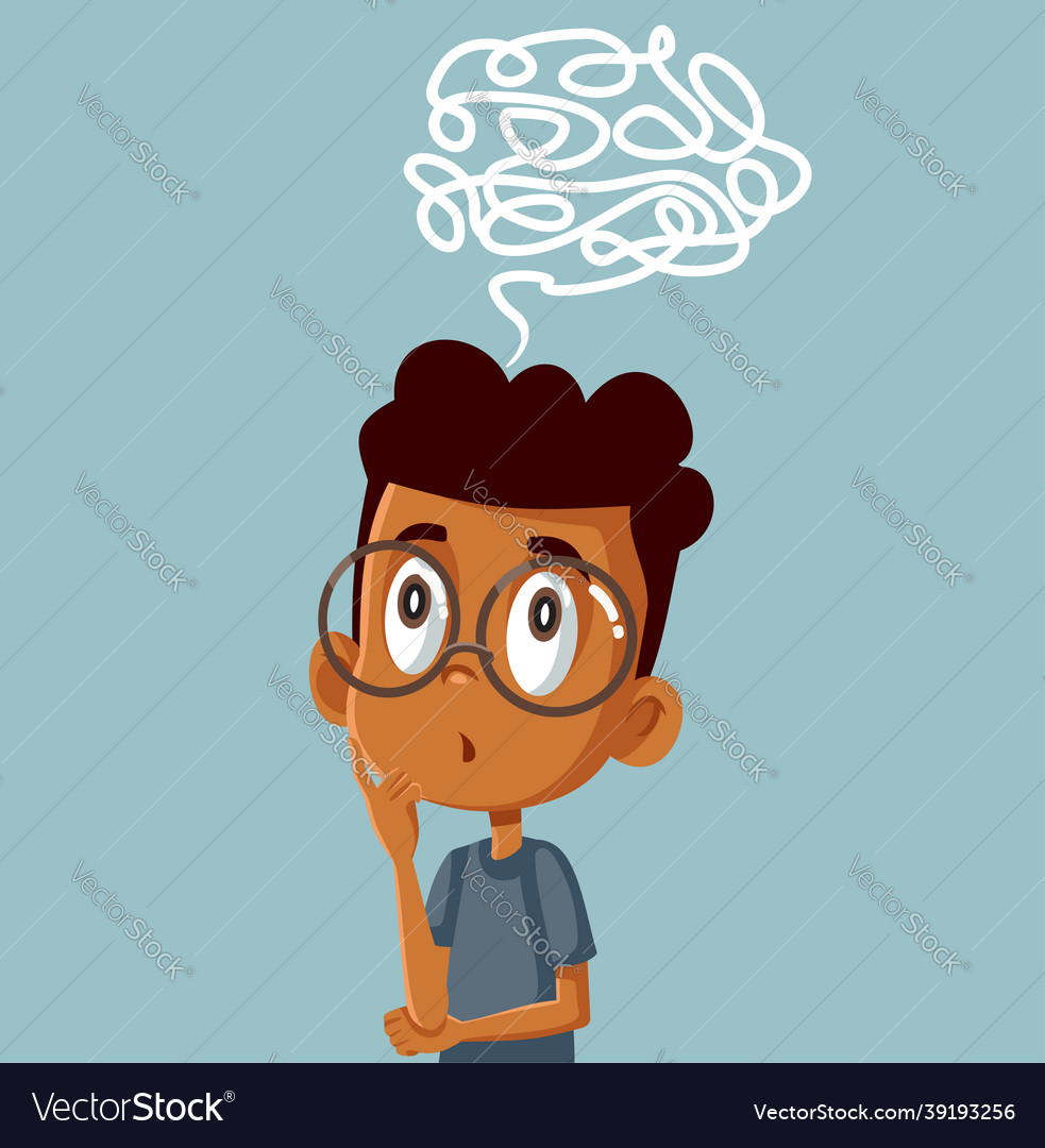 Puzzled little boy solving logical problem Vector Image