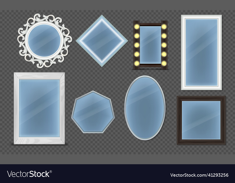 Realistic detailed 3d different shapes mirrors set