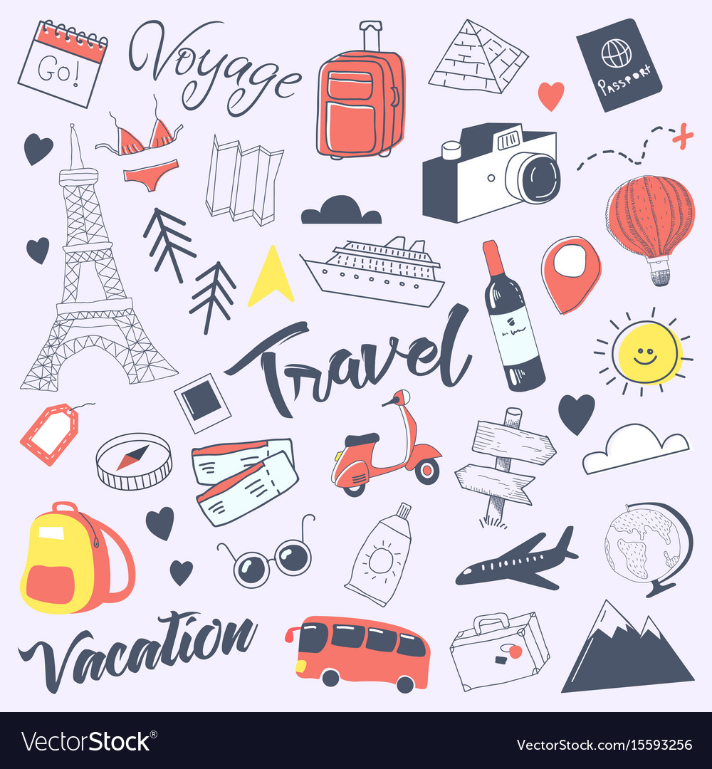 Travel hand drawn doodle with luggage globe Vector Image