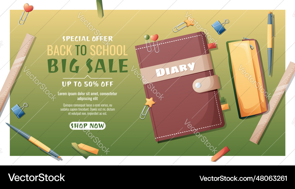 Back to school sale banner template with diary Vector Image