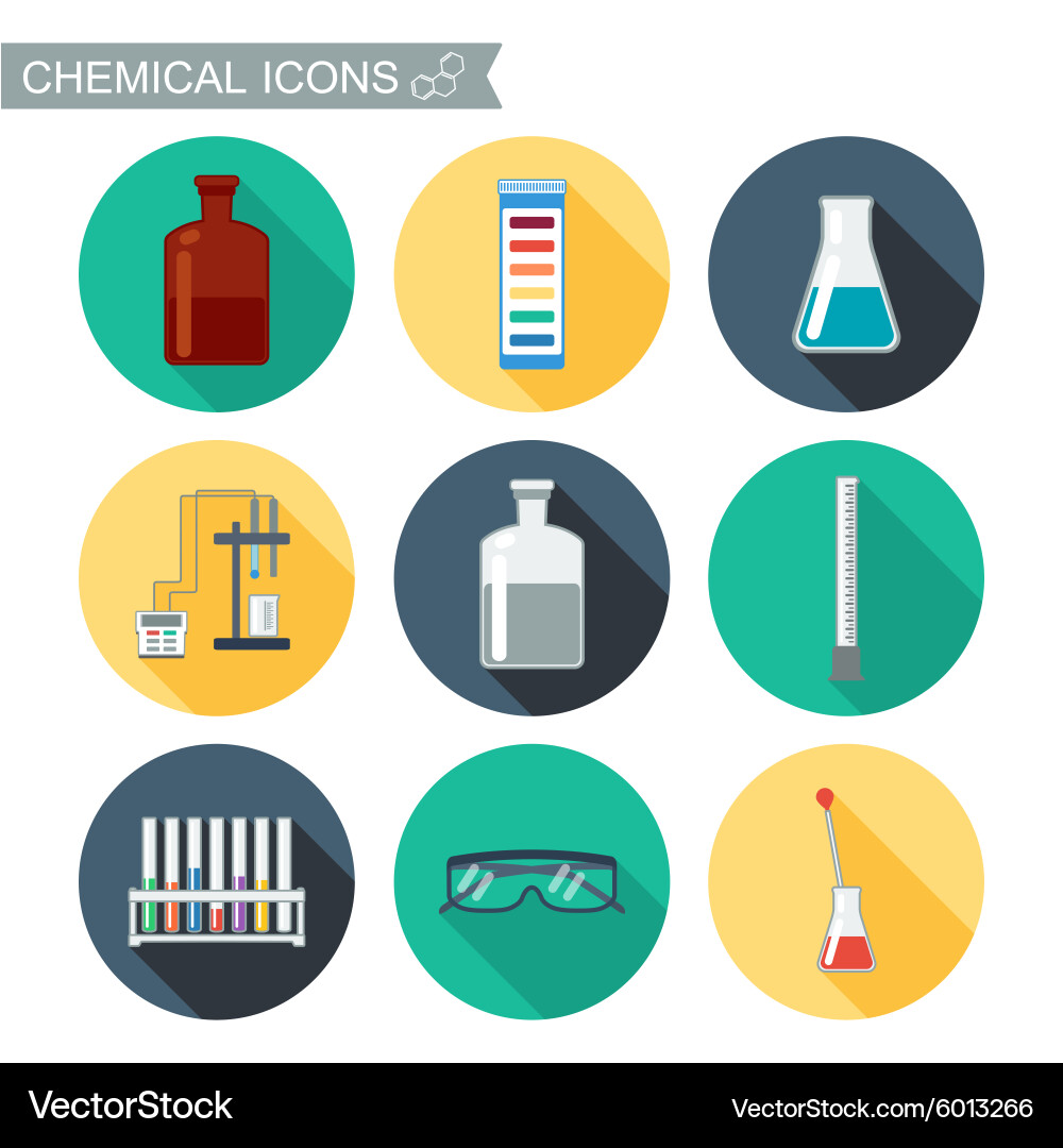 Chemical icons flat design with shadows Royalty Free Vector
