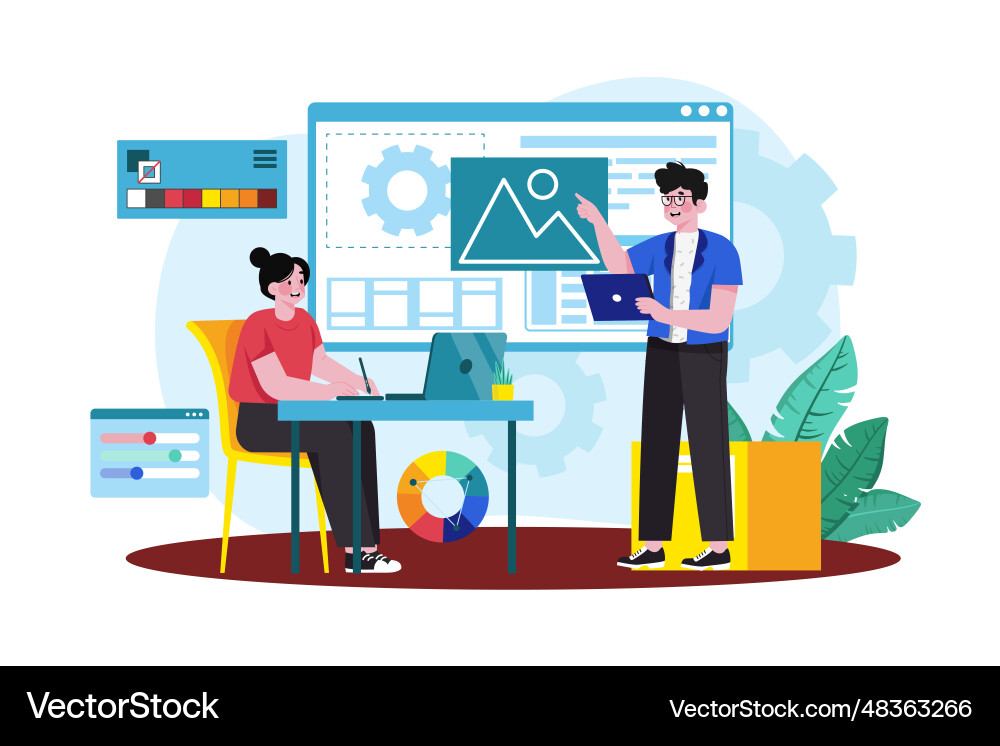 Designer collaborating with the team on product Vector Image