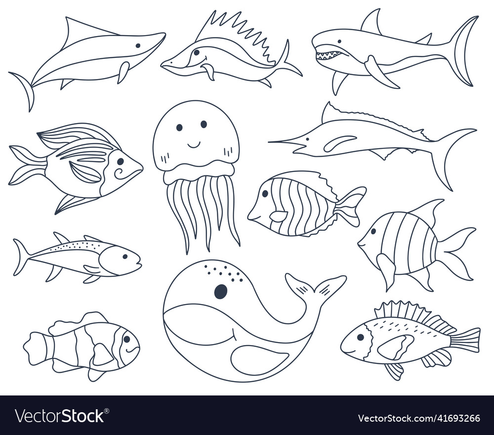 Sea fish doodle set Royalty Free Vector Image - VectorStock
