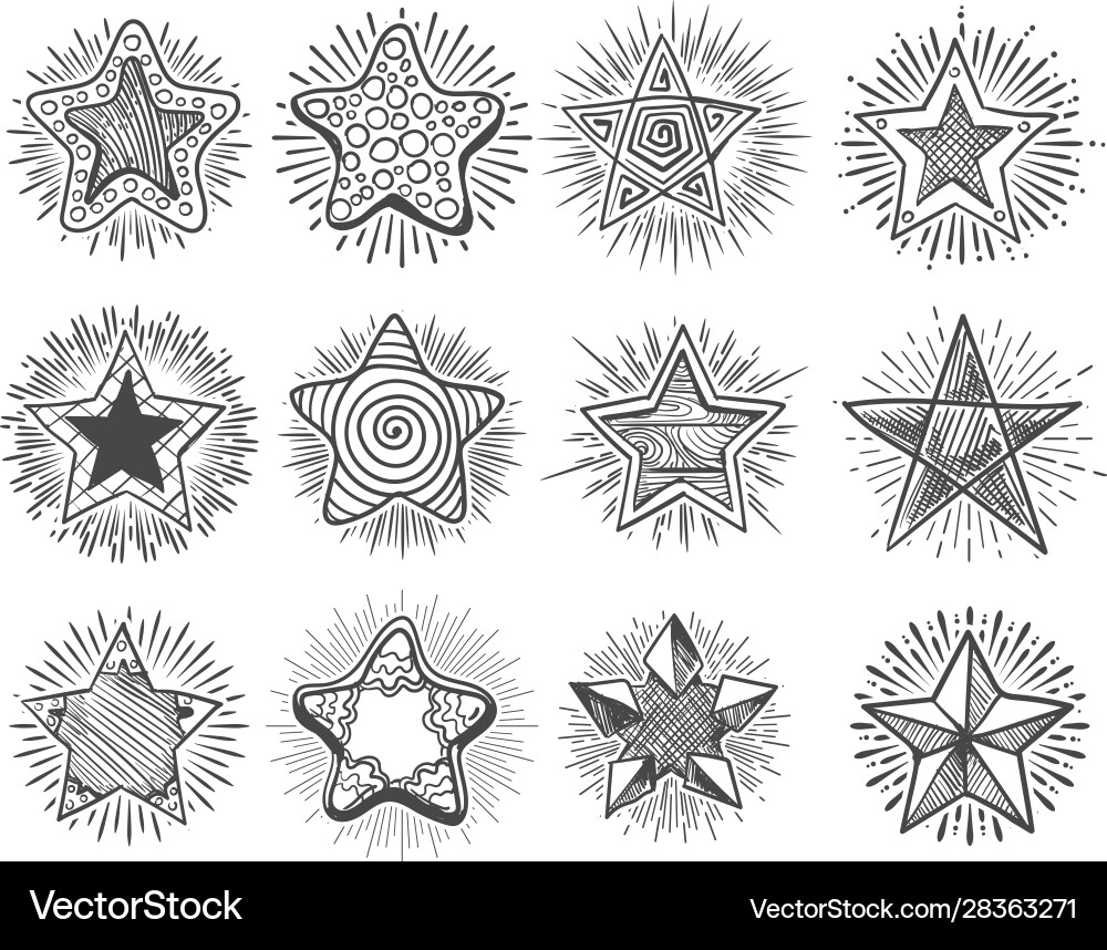 Hand drawn vintage doodle stars set Royalty Free Vector