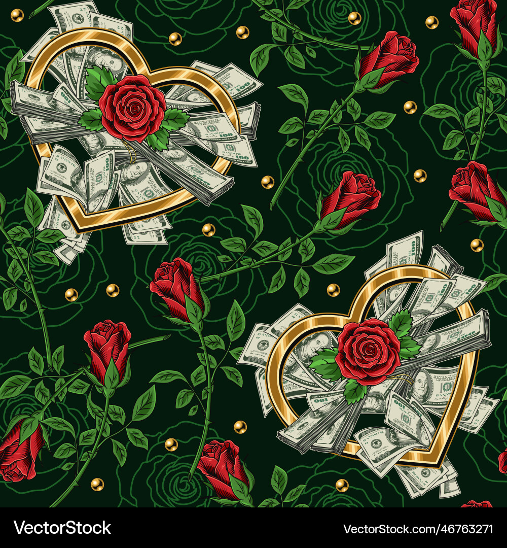 Pattern with roses bundle of cash money Royalty Free Vector