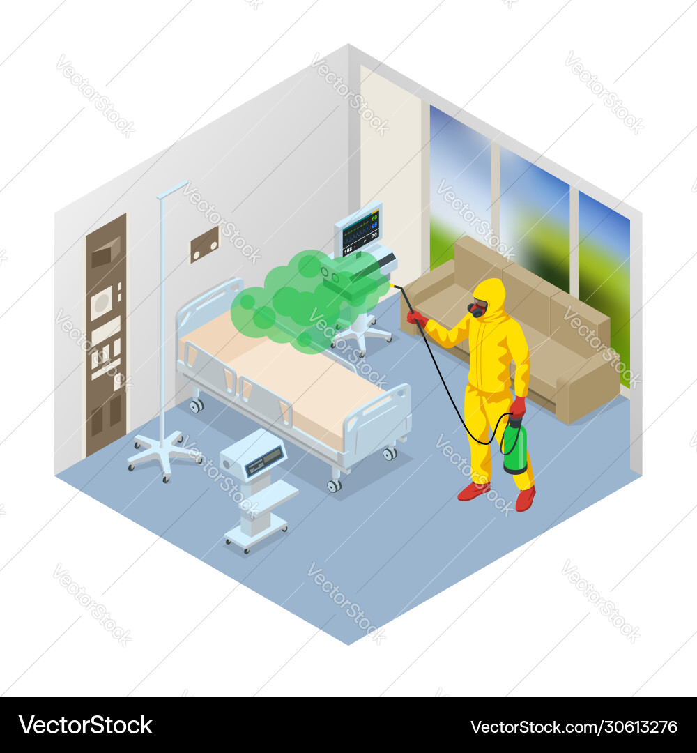 Isometric man wearing a protective suit disinfects