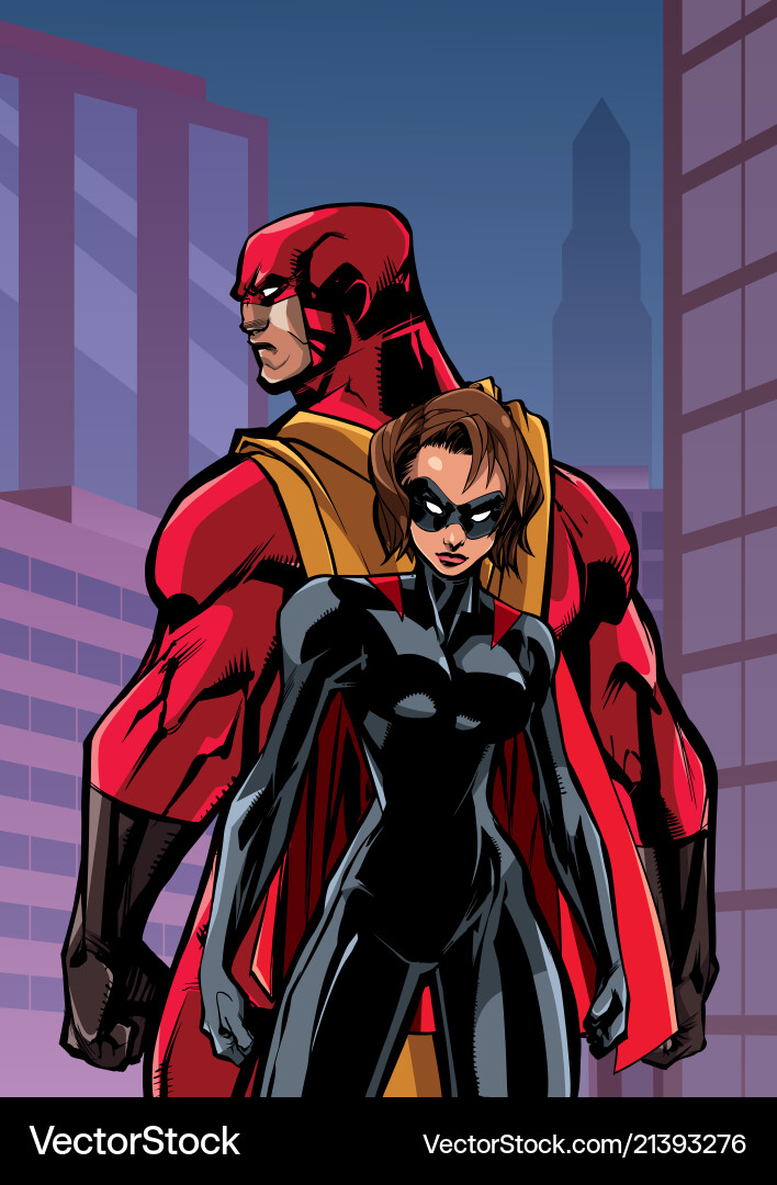 Superhero couple in city Royalty Free Vector Image