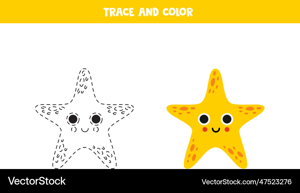 Trace and color cartoon cute starfish worksheet Vector Image