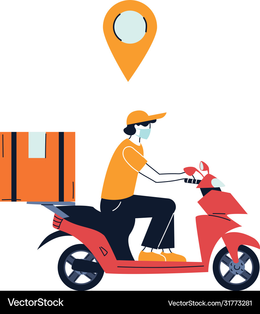 Courier with mask and transport vehicle Royalty Free Vector