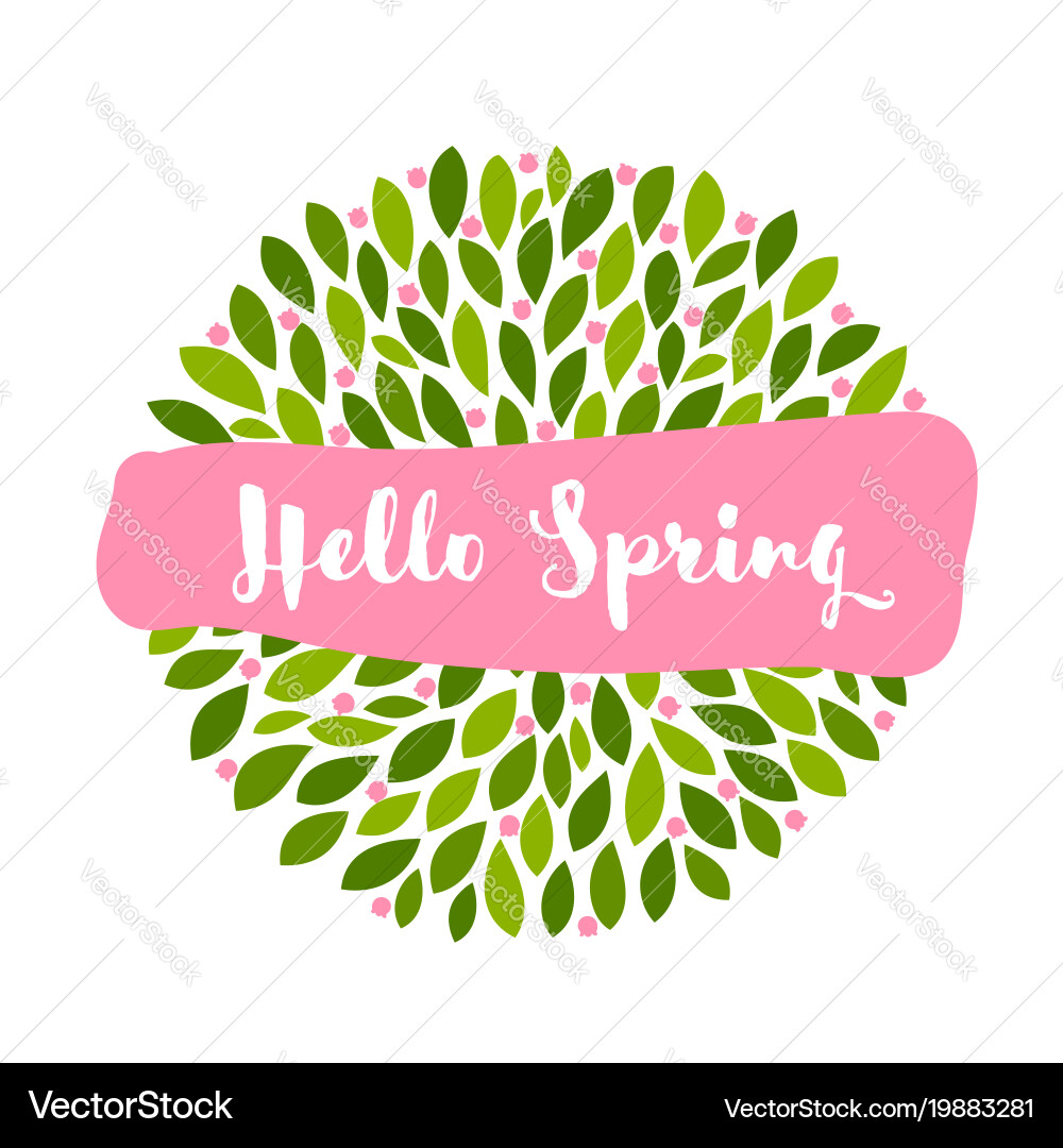 Hello spring lettering on pink banner and flowers Vector Image