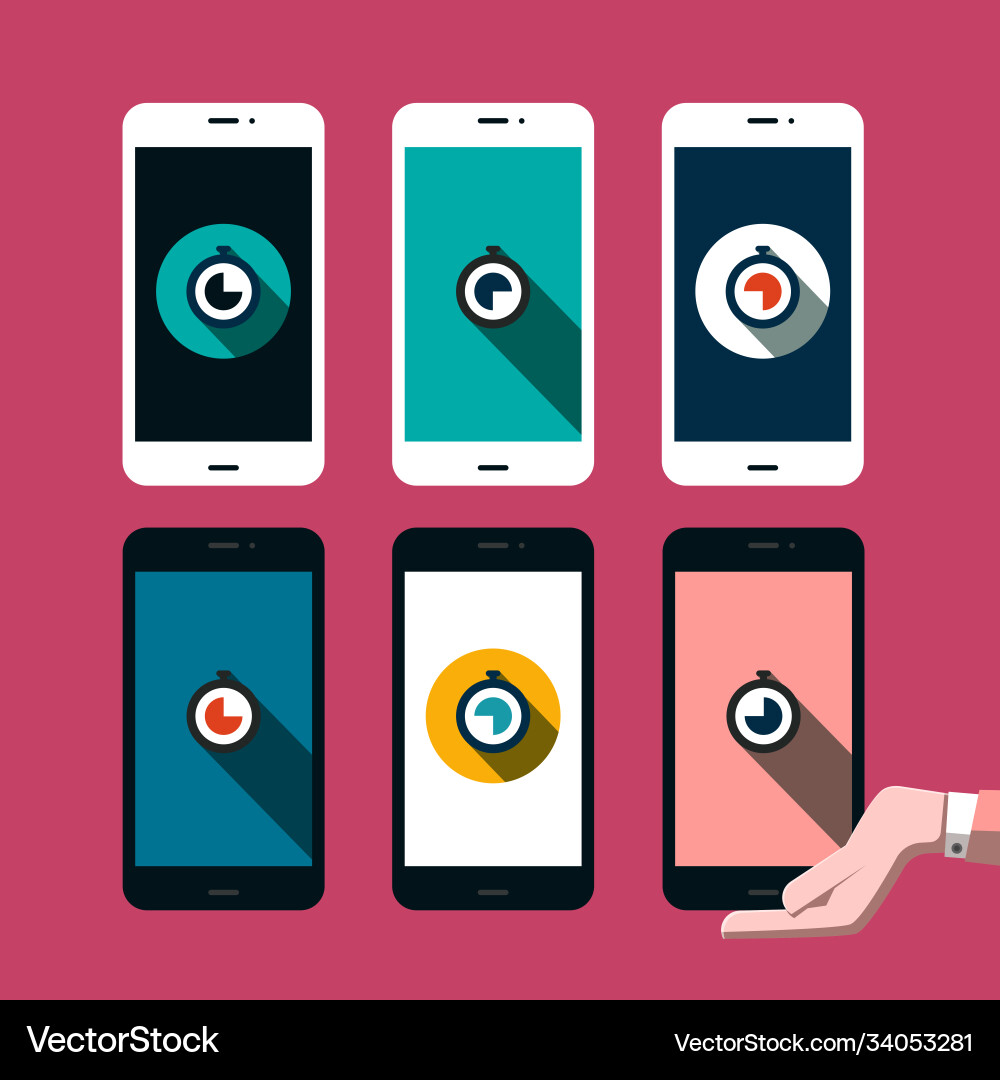 Mobile phones set with timers on display phone Vector Image