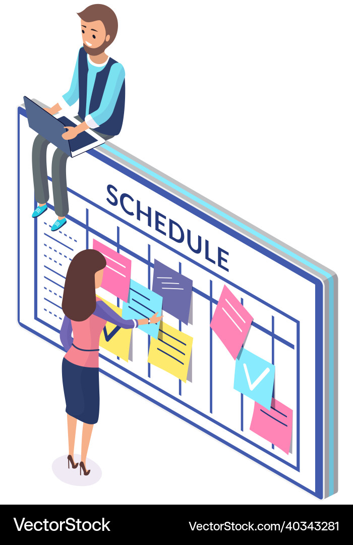 Task planning businessmen look at calendar time Vector Image