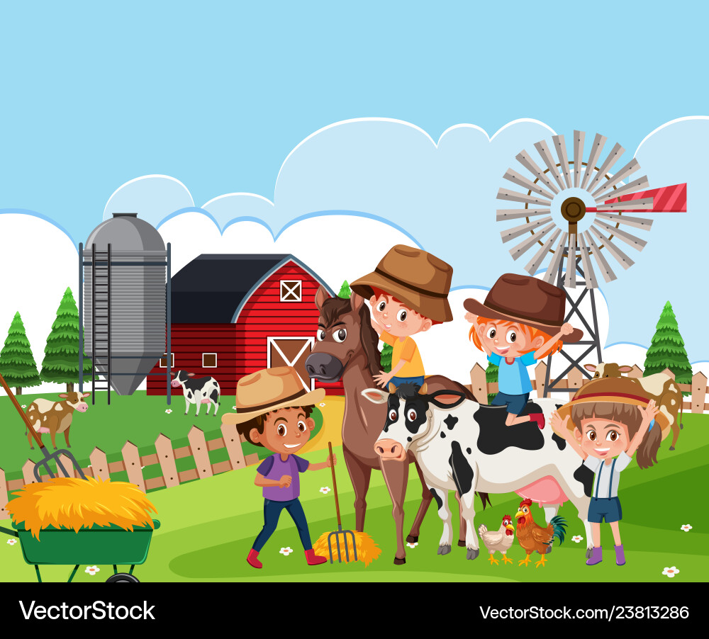 Children at farm landscape Royalty Free Vector Image