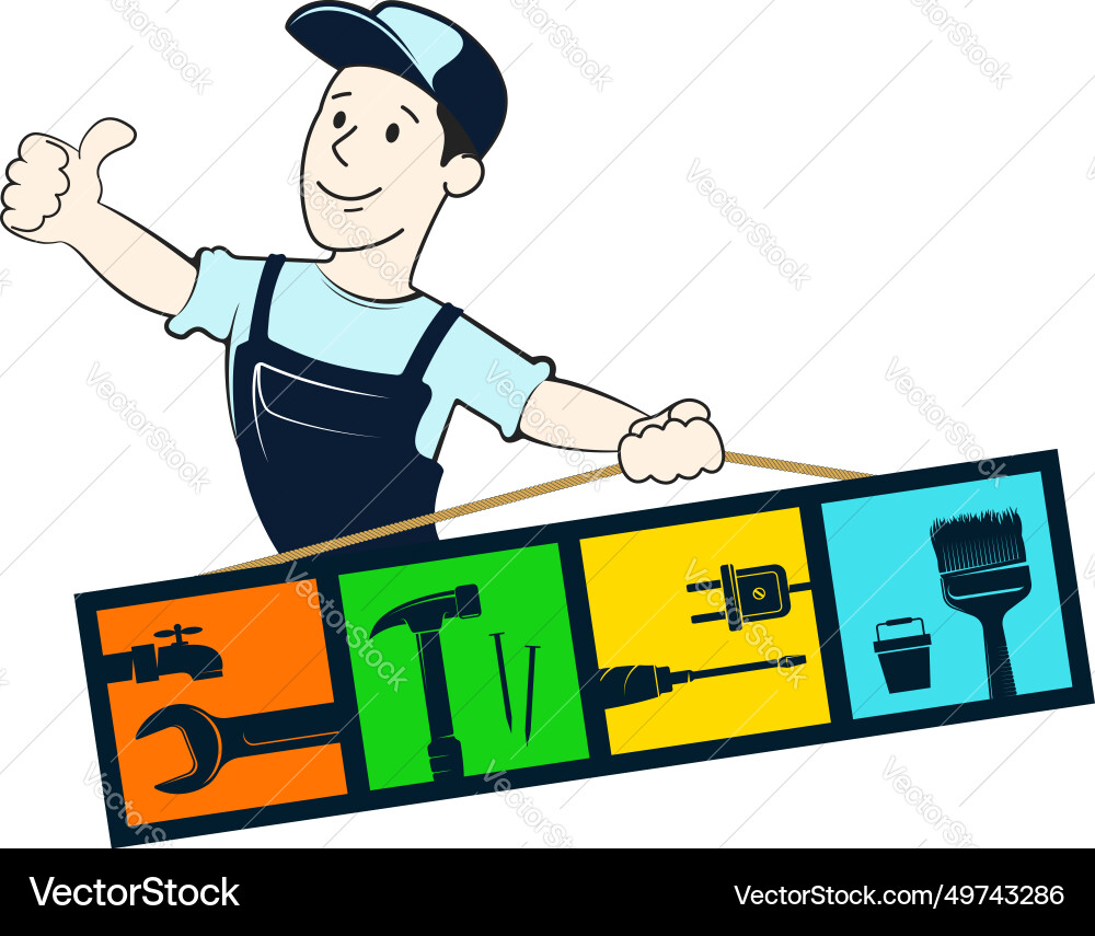 Handyman in uniform and repair tool Royalty Free Vector