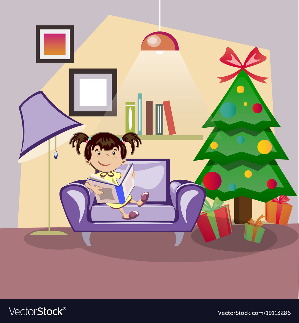 Kids reading the book beside a christmas tree Vector Image