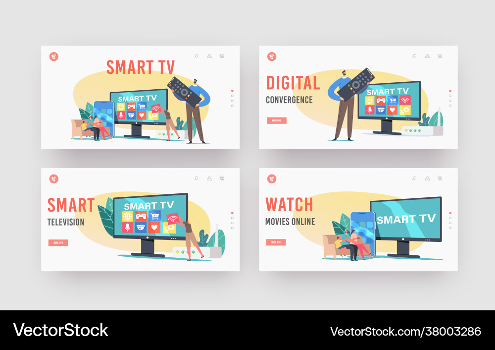Smart tv landing page template set tiny family Vector Image