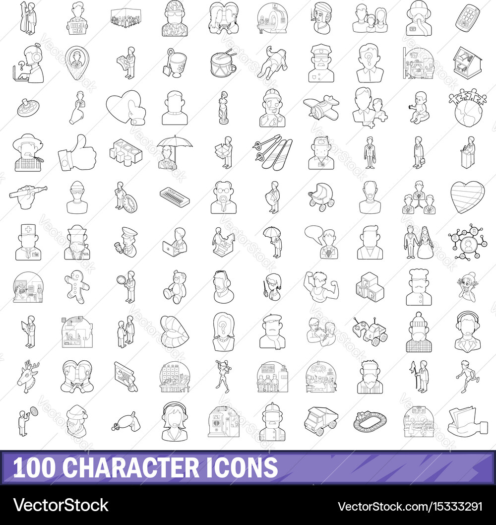 100 character icons set outline style Royalty Free Vector