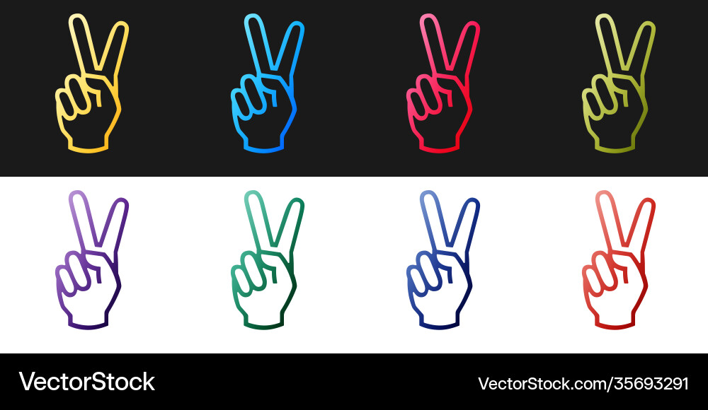 Set hand showing two finger icon isolated on black