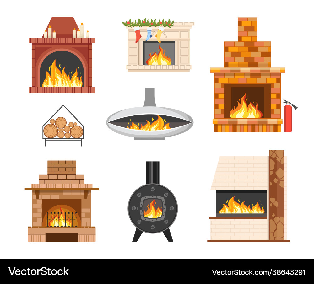 Set home brick and metal fireplaces Royalty Free Vector