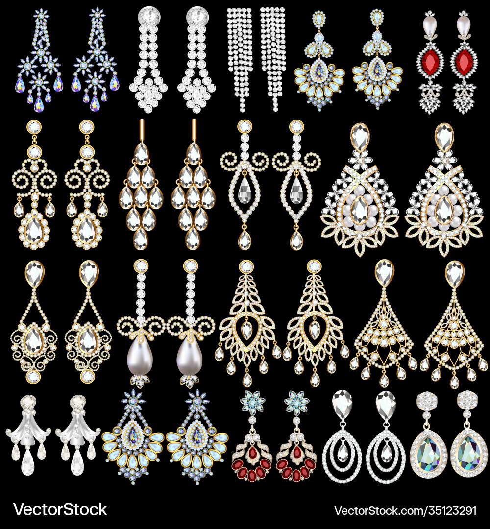 Set jewelry gold earrings with chains Royalty Free Vector