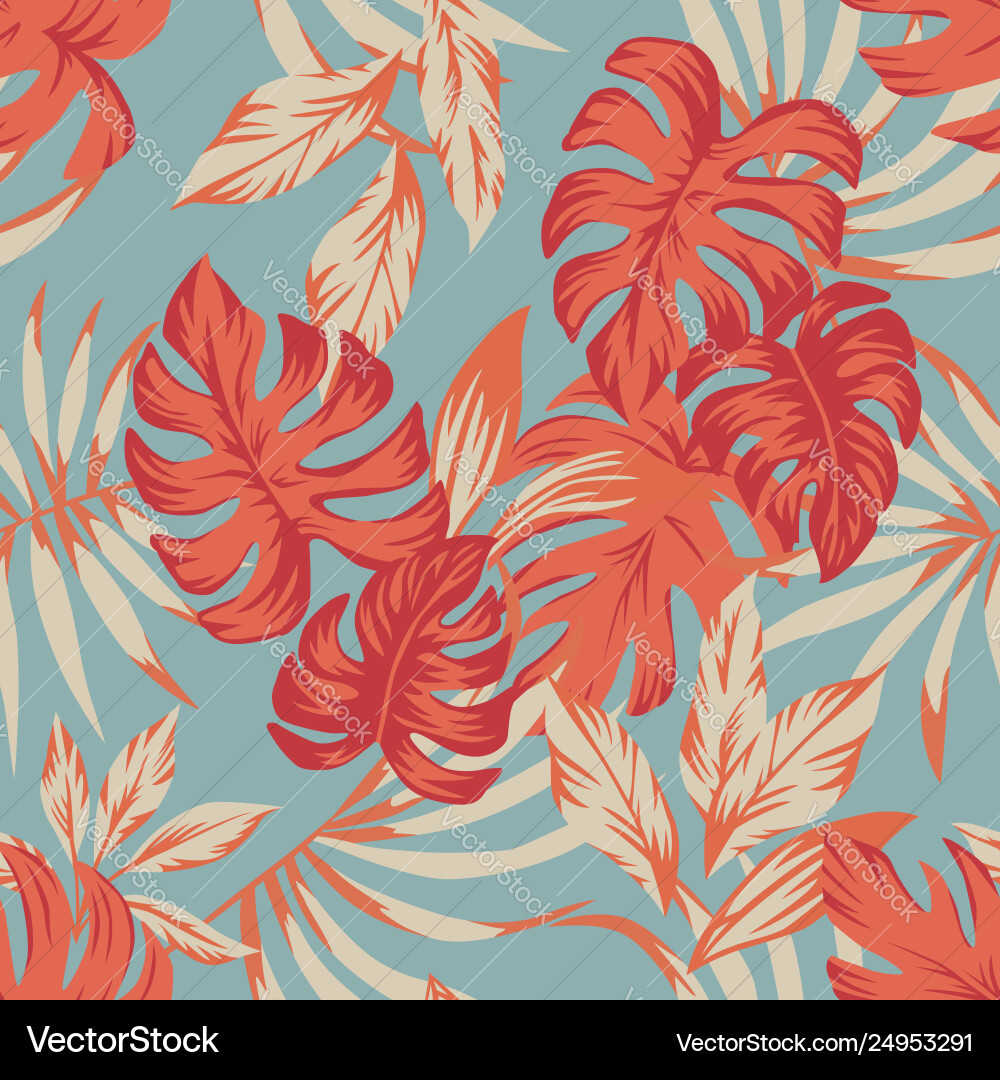Tropical autumn leaves blue background Royalty Free Vector