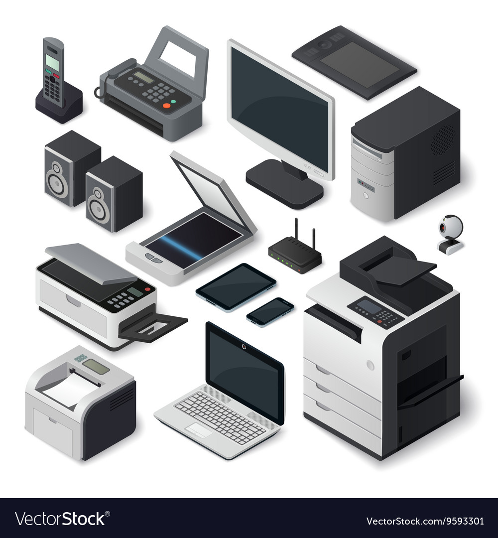 Isometric office equipment set Royalty Free Vector Image Isometric office equipment set Royalty Free Vector Image