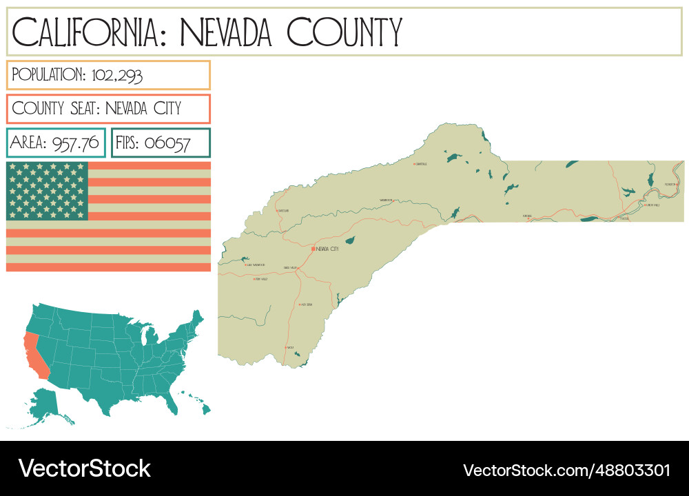 Large and detailed map of nevada county Royalty Free Vector