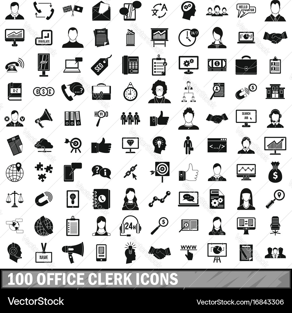 100 office clerk icons set simple style Royalty Free Vector
