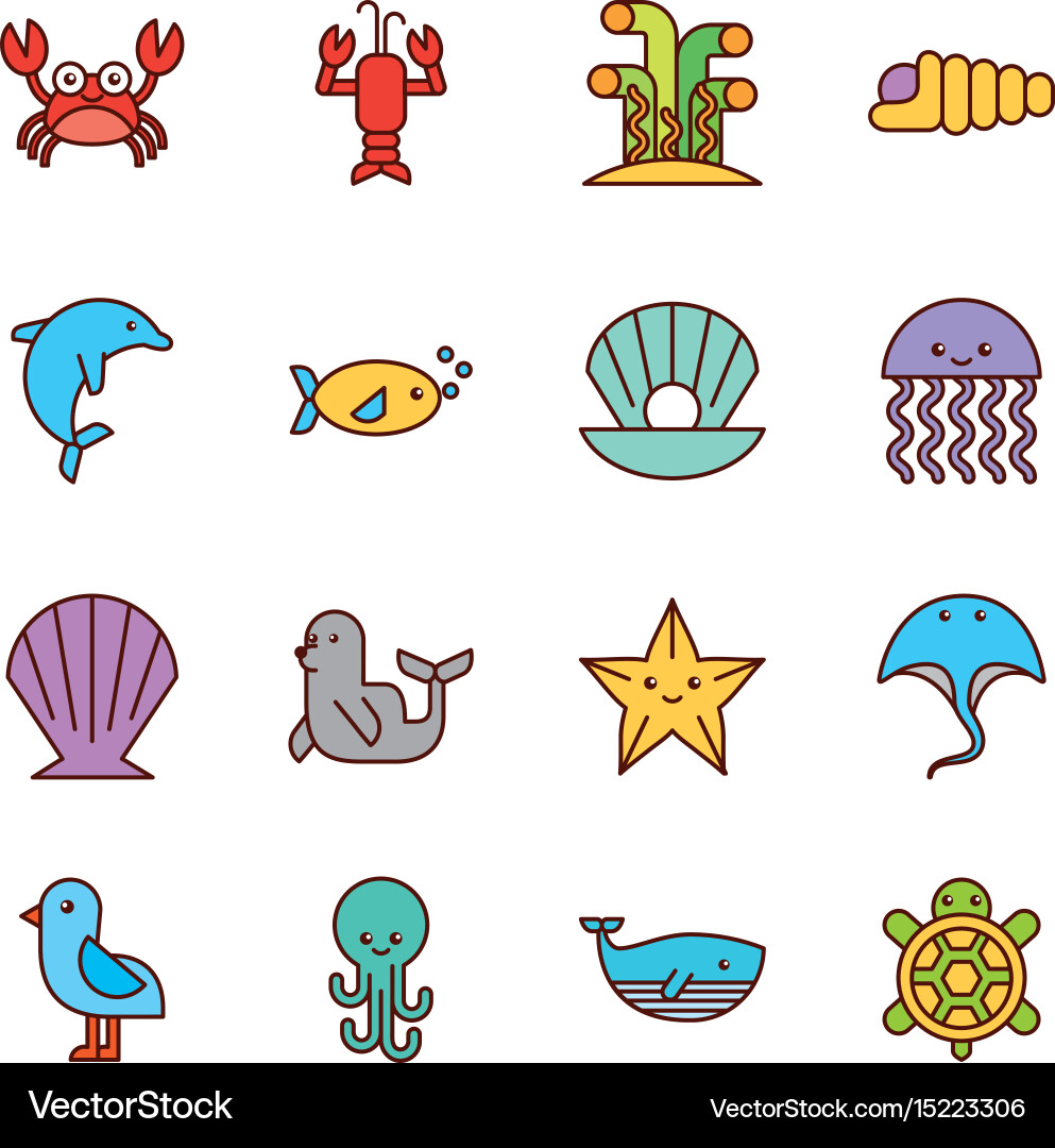 Sea life icons set flat draw Royalty Free Vector Image