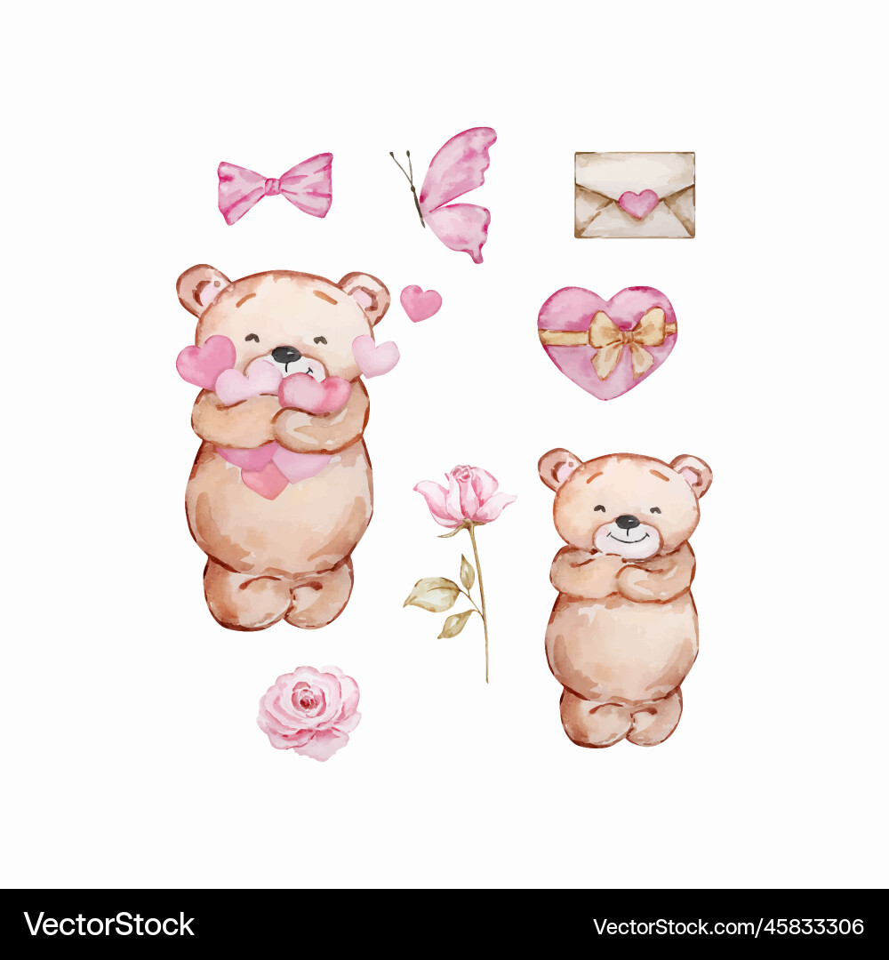 Watercolor valentines day cute teddy bear Vector Image