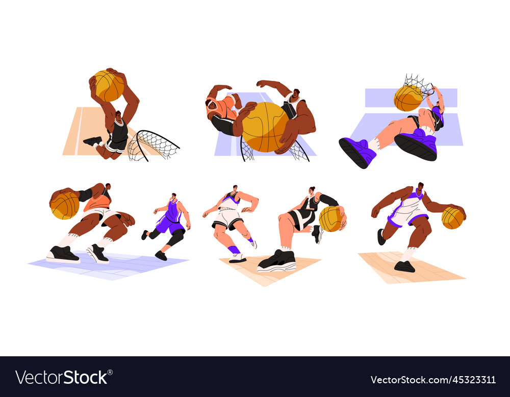 Basketball players in action set athletes playing Vector Image