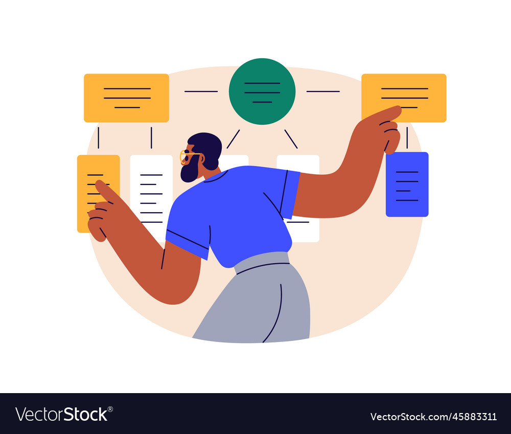 Business Flowchart Man Works With Algorithm Vector Image