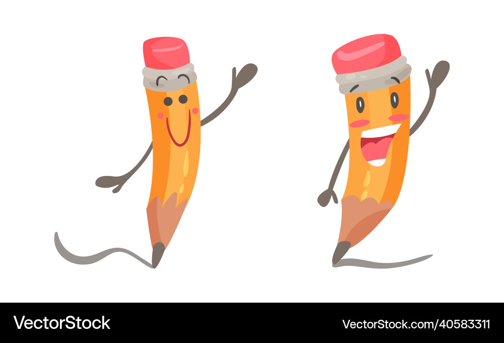 Happy funny pencils characters set cute Royalty Free Vector