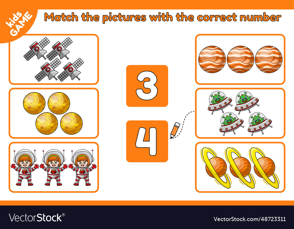 Math game match space objects with correct number Vector Image