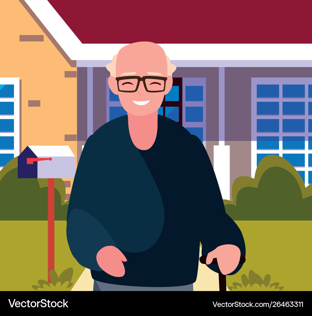 Old man standing next house exterior Royalty Free Vector