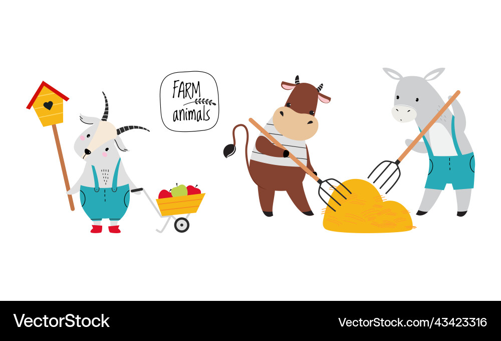 Cute animals working on farm set adorable Vector Image
