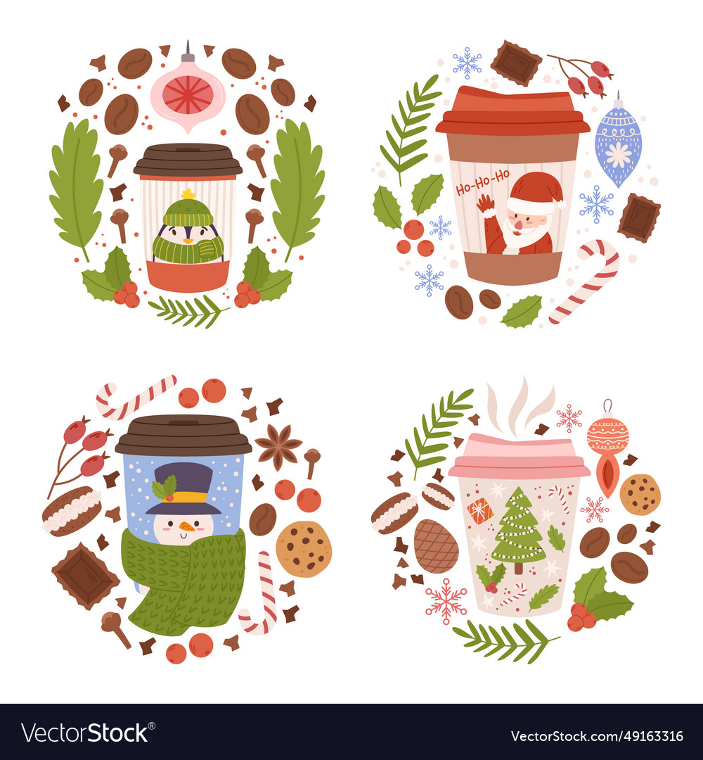 Festive christmas paper coffee cups adorned Vector Image