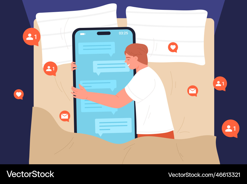 Happy young man hugging phone at night asleep Vector Image